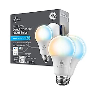 GE Lighting CYNC Smart Tunable White A19 LED Light Bulb, 60W Replacement, Bluetooth/Wi-Fi Enabled, Alexa + Google Home Compatible Without Hub, 2-Pack (Packaging May Vary)