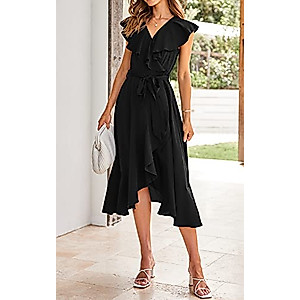 PRETTYGARDEN Women's Summer Wrap Maxi Dress Casual Boho Deep V Neck Short Sleeve Ruffle Hem Split Beach Long Dresses (Black,Large)