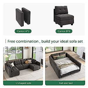 HONBAY Modular Sectional Sofa Velvet U Shaped Couch with Double Chaises 6 Seater Sectional Sofa with Storage, Grey