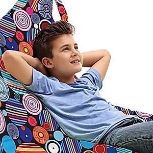 Lunarable Retro Lounger Chair Bag, Colorful Pattern with Nostalgic Groovy Circles and Rounds with Stripes, High Capacity Storage with Handle Container, Lounger Size, Multicolor