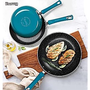 MICHELANGELO Non Stick Frying Pans Set, 3 Piece Frying Pans Nonstick, Enamel Pan Sets for Cooking Nonstick, 8 Inch, 9.5 Inch and 11 Inch Nonstick Frying Pan Set with Silicone Handle, Cyan