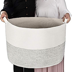 Hiromi Cotton Rope Basket - LARGETS in The Market, Decorative White Storage Bins for Room Organization - Firm Woven Hamper for Laundry - Toys, Cushion, Throw Pillow, Blanket Holder - 24in x 14in