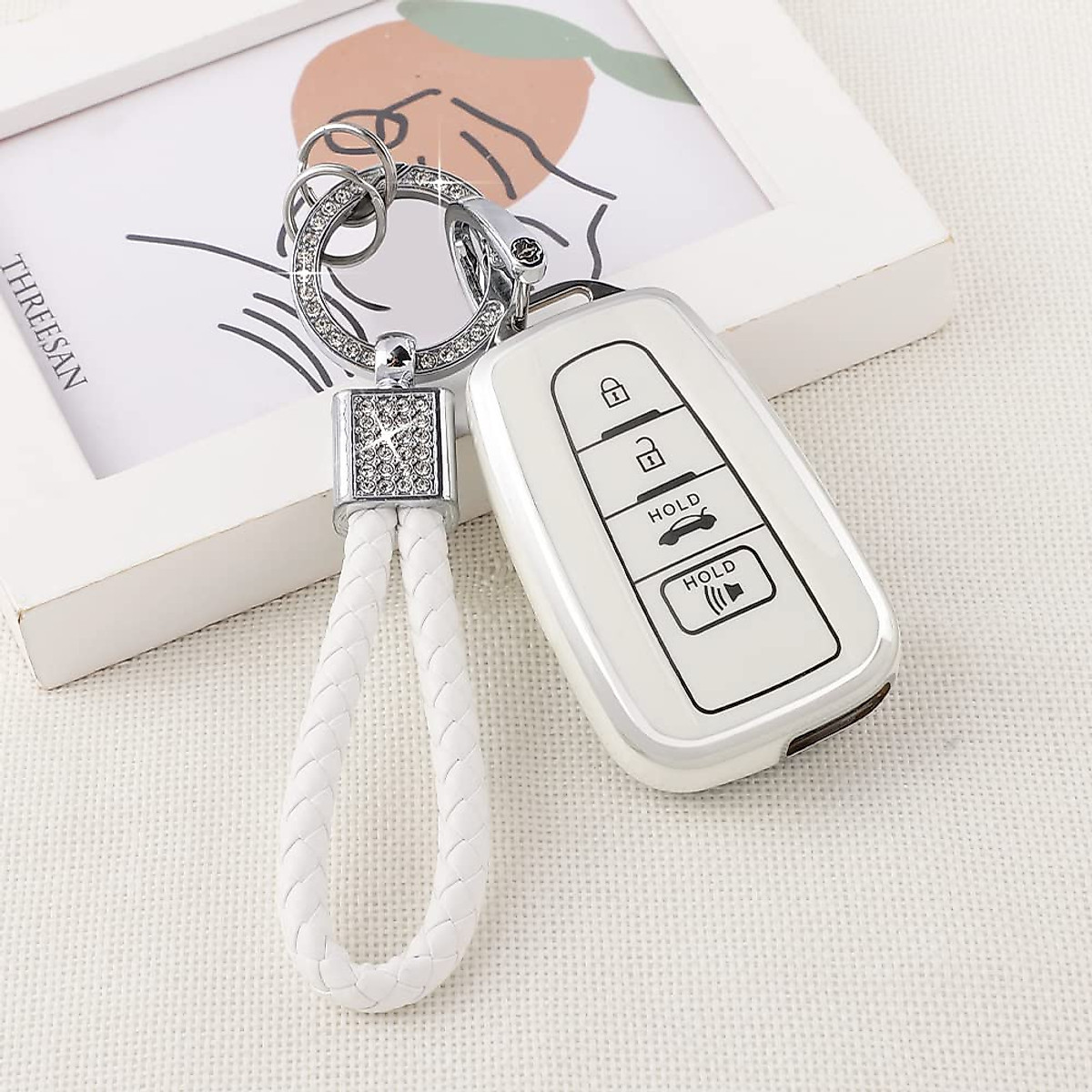 PIFOOG Key Fob Cover for Toyota Camry RAV4 Corolla C-HR Avalon Highlander Prius Smart Keys Case Shell Protector Bling Keychain Accessories 4 Button TPU Girly Women White Silver