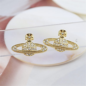 Saturn Planet Stud Earrings for Women Aesthetic Cubic Zircon Rhinestone Planet Earrings Dainty Crystal Earrings (Gold Saturn Earrings)