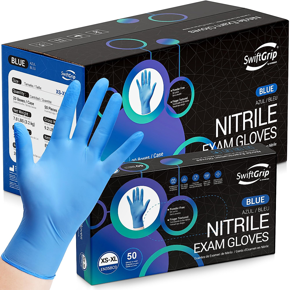 SwiftGrip Disposable Nitrile Exam Gloves, 3-mil, Blue, Nitrile Gloves Disposable Latex Free, Medical Gloves, Cleaning Gloves, Food-Safe Rubber Gloves, Powder Free, Non-Sterile, 1000-ct Case (X-Small)