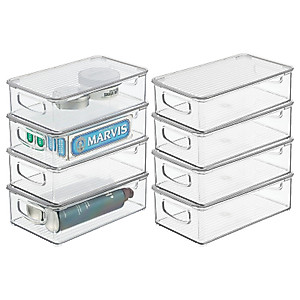 mDesign Plastic Storage Bin Box Container, Lid, Built-In Handles, Organization for Makeup, Hair Styling Tools, Accessories in Bathroom Cabinet, Cupboard Shelves, Ligne Collection, 8 Pack, Clear