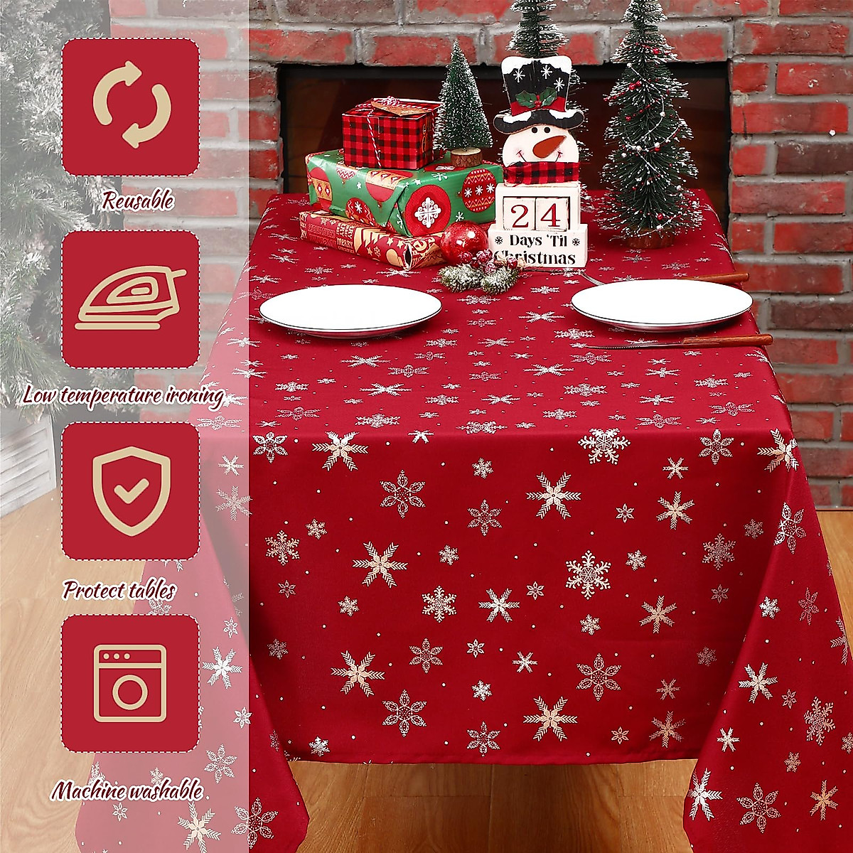 Mixweer Winter Tablecloth Rectangle Snowflake Printed Table Cover Winter Decorations Washable Table Cloth for Dinner Xmas Decor(60 x 84 Inch,Red)