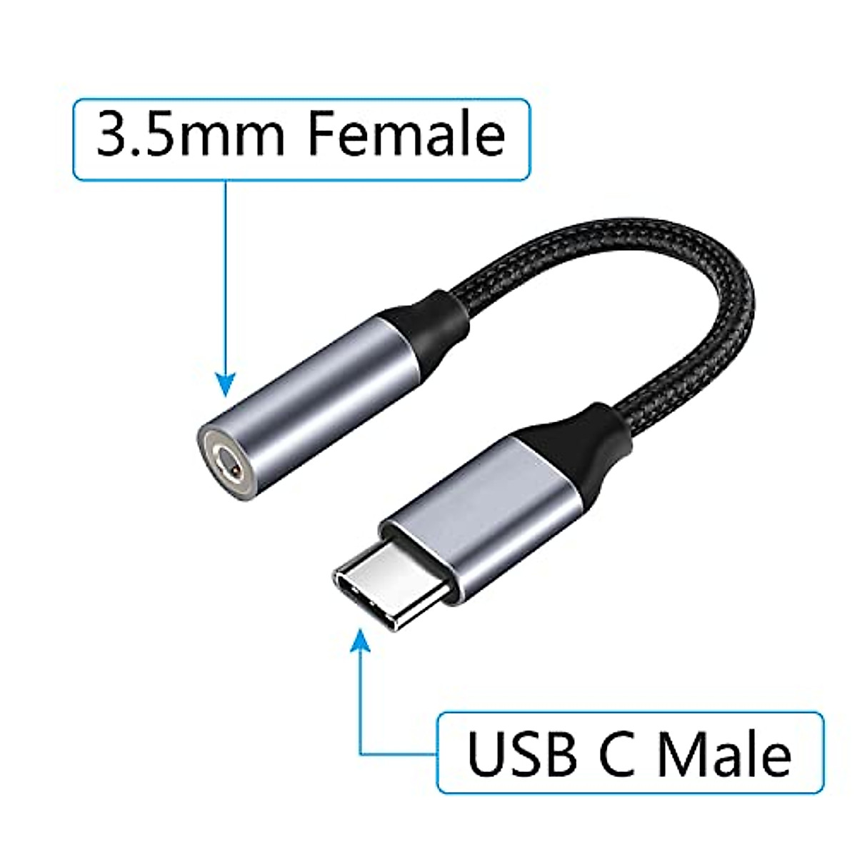 Short USB C to 3.5mm Headphone Jack Adapter,12cm/4.7in Type C Digital Audio Jack Converter DAC Chip Braided Cable Aux Earbuds Adapter,for Smart Phone and Tablets etc no 3.5mm Audio Jack output(2Pcs)