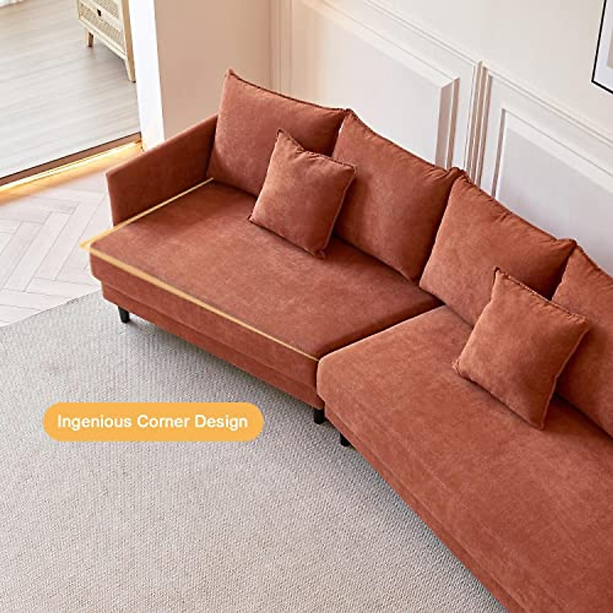 Seegool Corner Sectional Couch for Living Room, Right Hand Facing Curved Sofa Polyester Fabric Wood Frame with Wood Legs for Bedroom, Office, Apartment, Orange