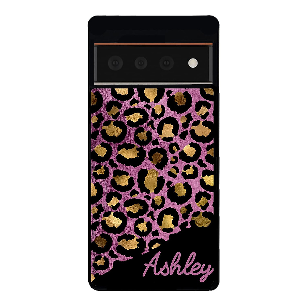 Leopard Skin Pink Gold Foil Personalized Black Rubber Phone Case Compatible With Google Pixel 8 Pro, 8a, 8, 7a, 7, Pixel 7 Pro, 6a, 6 Pro, 6, 5, 4a 5G, 4a 4G, 4, 4 XL, 3a, 3a XL, 3, 3 XL, 2 XL, 2