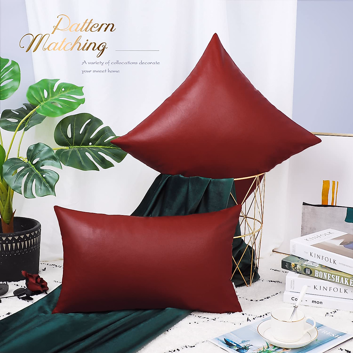 BRAWARM Faux Leather Throw Pillow Covers 20 X 20 Inches - Deep Red Leather Pilow Covers Pack of 2, Solid Dyed Leather Pillowcases for Couch Bed Sofa Garden Home Decorative
