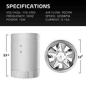 iPower Silent 4 inch Booster Fan 90CFM Inline Blower with 4. 9' Grounded Power Cord, 8 Feet Non-Insulated Flex Air Aluminum Ducting Vent Hose, Quite for Kitchen Bathroom Grow Tent