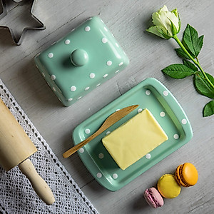 Handmade Ceramic European Covered Butter Dish With Lid | Unique Teal and White Polka Dot Pottery Butter Keeper | Housewarming Gift by City to Cottage®