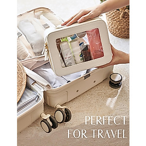 Popvibe Clear Makeup Case White Toiletry Bag Travel Large Clear Cosmetic Bag with Zipper, Big Make Up Bag Organizer Women Traveling TSA Approved Transparent Bag Car for Essentials