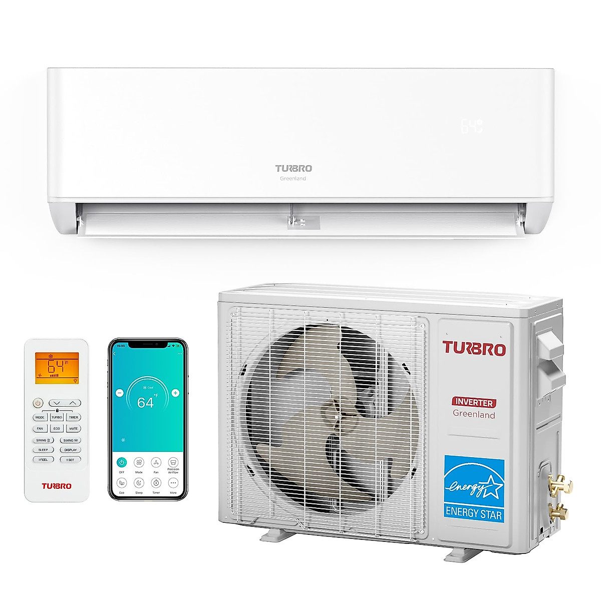 TURBRO 12,000 BTU Ductless Mini Split Inverter AC with Heat Pump, 22 SEER2, 115V, WiFi-Enabled, Cools up to 750 Sq.Ft, Energy Star, Greenland Series