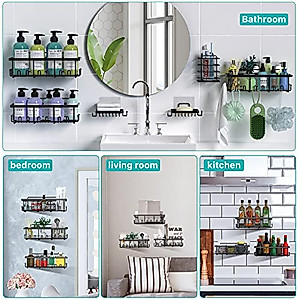 PLOOHT Shower Caddy 6 Pack, Upgraded Stronger Adhesive Shower Organizer, 13in Large Capacity Shower Shelves for Inside Shower, Rustproof Stainless Steel Bathroom Shelves with 10 Hooks, Black