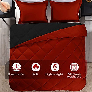 downluxe Lightweight Solid Comforter Set (King) with 2 Pillow Shams - 3-Piece Set - Red and Black - Down Alternative Reversible Comforter