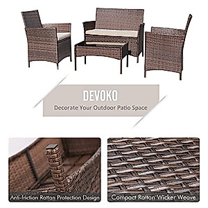 Devoko 4 Pieces Patio Porch Furniture Sets PE Rattan Wicker Chairs Beige Cushion with Table Outdoor Garden Patio Furniture Sets (Brown)