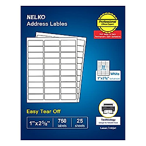 NELKO Address Labels, 1" x 2-5/8" Shipping Address Labels for Laser & Inkjet Printers, Mailing Sticker Labels, Easy to Pee for FBA Label (25 Sheets, 750 Labels)