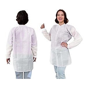 EZGOODZ White Disposable Lab Coats for Adults, S. 10 Pack Disposable Lab Coat with Snaps. SMS 40 GSM Medical PPE Coat. Painting Lab Coat Disposable with Snaps Front, Knit Cuffs, Collar, 3 Pockets
