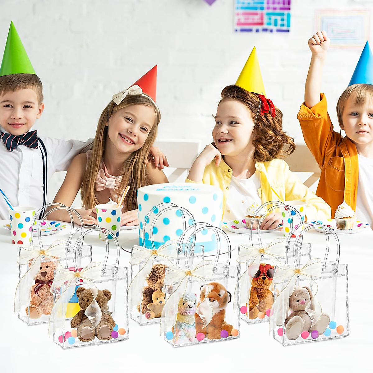 Ohuimrt 30 PCS Clear Plastic Gift Bags with Handles, Reusable Party Favor Bags with Ribbon Transparent Gift Wrap Bags Bulk for Weddings Birthdays, 5.9 x 6.3 x 2.8 Inches