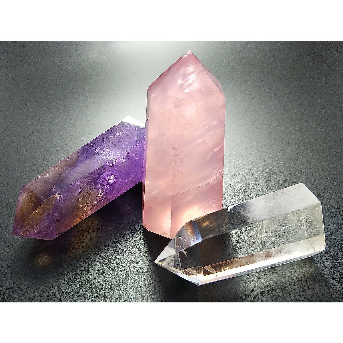Mina Heal Healing Crystal Wands Point Faceted Prism Bars for Reiki Chakra Meditation Therapy Home Decoration Set of 3 (Rose Quartz, Clear Quartz & Amethyst)