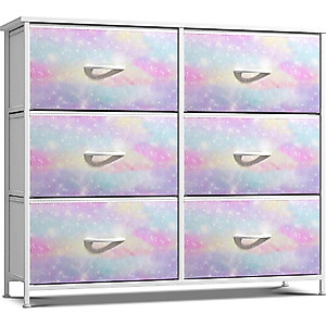 Sorbus Kids Dresser with 6 Drawers - Storage Chest Organizer Nightstand - Steel Frame, Wood Top, Tie-Dye Fabric Bins for Clothes - Wide Furniture for Bedroom, Hallway, Nursery, Closet, & Apartment