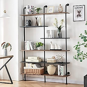 HOMISSUE Industrial Bookshelf 6-Tier Open Wall Mount Ladder Bookshelf, Modern Bookcase with Metal Frame and Wood for Home Office, Wall Mounted Industrial Iron Pipe Shelf, Brown