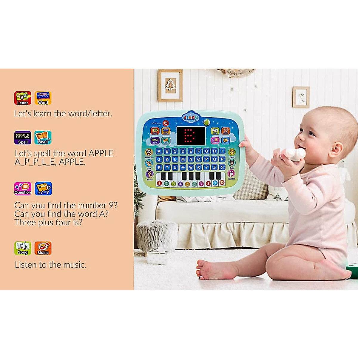 Kid Tablet Toddler Learning Pad Interactive Toy with Screen -Educational Toys Fun Gifts -Music/Piano/ABC/Numbers/Words/Spell/Animals - for Boys&Girls 3+ (Blue)……