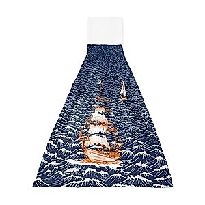 Nautical Adventure Ship Ocean Sailboat Hanging Kitchen Towels Soft Absorbent Hand Tie Towels Set with Hook&Loop,Rough Sea Waters Seascape Tea Bar Dish Cloths Towel for Bathroom Laundry Room BBQ,1pc