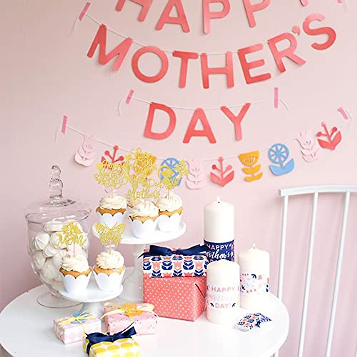 24 PCS Happy Mother's Day Cupcake Toppers Glitter Heart #1 Mom Butterfly Love You Mom Cupcake Picks for Happy Mother's Day Theme Women Birthday Party Cake Decorations Supplies Gold