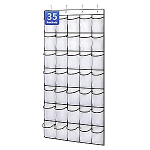 SAVERHO 35 Pockets Over the Door Shoe Organizer, Hanging Shoe Organizer for Door with 35 Mesh Pockets Large Capacity Shoe Hanging Storage Bag with 4 Metal Hooks (White-1Pack)