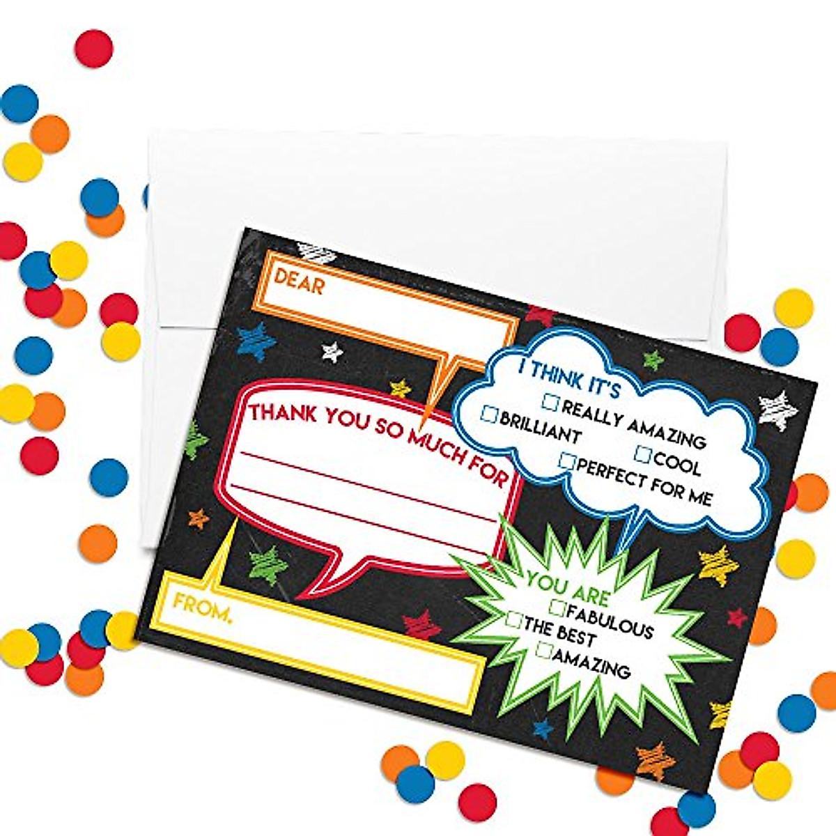 Chalkboard Speech Bubble Birthday Thank You Notes for Kids, Ten 4" x 5.5" Fill In The Blank Cards with 10 White Envelopes by AmandaCreation…