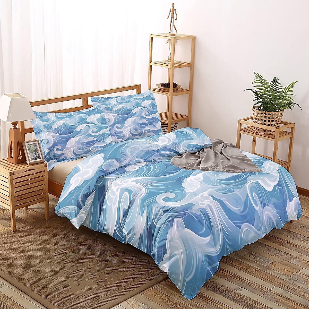 QpaZynthy Japanese Wave Bedding Queen Size, Blue Ocean Duvet Cover Set 3 Pieces, Nautical Abstract Duvet Cover and 2 Pillow Shams, Soft Microfiber Comforter Cover with Zipper Closure