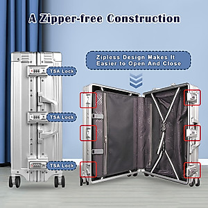 DOMINOX All Aluminum Carry On Luggage Hard Shell Luggage Aluminum Suitcase for Travel Zipperless Luggage Checked Luggage with Silent 360° Spinner Wheels 26 In. (Vertical Grain Style, Sliver)