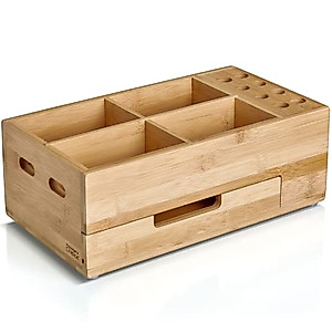 Prosumer's Choice Bamboo Bathroom Organizer, Makeup Vanity Countertop Organizer, Cosmetic Display Case with Toothbrush Holder and Storage Tray with Large Drawer