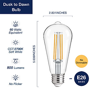 FLSNT Dusk to Dawn Outdoor Sensor ST19 LED Light Bulb, 7W (60W Eqv.), 800LM,Vintage Filament E26 Base, Auto On/Off Photocell Automatic for Energy-Efficient Outdoor Lighting, 2700K Soft White, 4 Pack