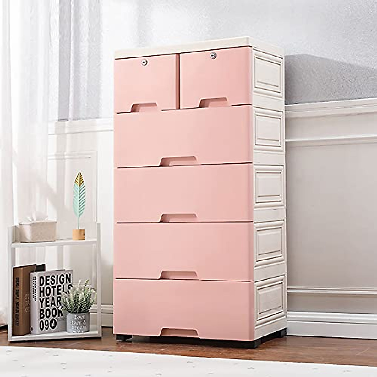 TOOL1SHOoo Cabinet Dresser Furniture Storage Drawer Chest Organizer Closet Plastic Drawers Clothes Organizer Tower Cabinet Bedroom Chest of Organizer 6 Drawers 4 Wheels (Pink)