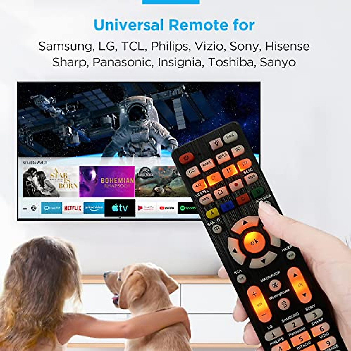 Universal TV Remote Control with Light-Up-Button for LG, Samsung, TCL, Philips, Vizio, Sony, Sharp, Panasonic, Sanyo, Insignia, Toshiba and Other Brands LCD LED 3D HDTV Smart TV Backlit Remote