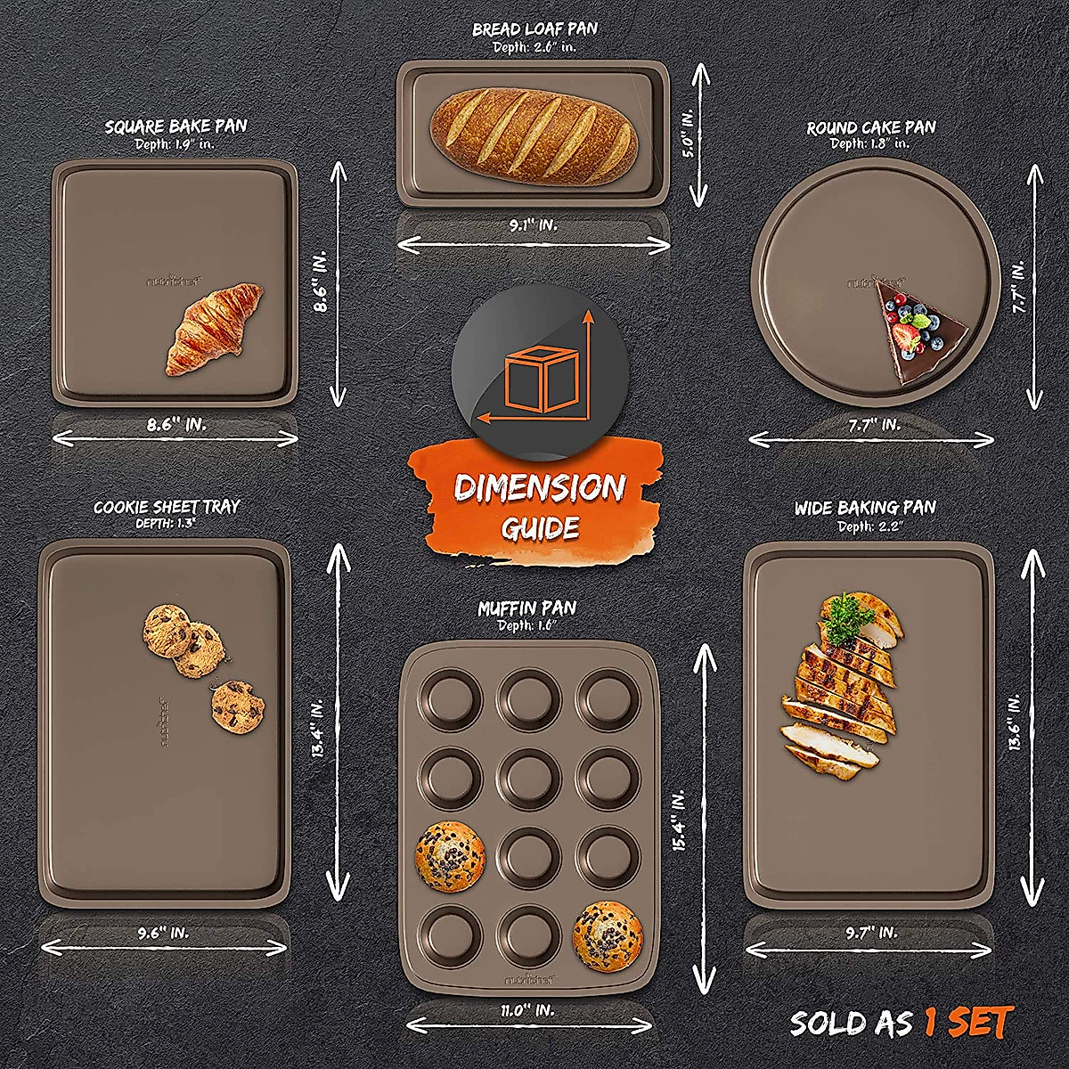 NutriChef Kitchen Oven Non Stick Carbon Steel Tray Sheet 6 Piece Bakeware Set with Cookie Tray, Cake Pan, Muffin Pan, and Bread Loaf Pan Gold (2 Pack)