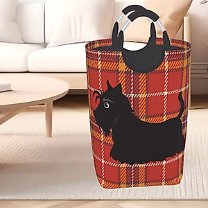 AMABCDET Collapsible Laundry Basket with Aluminum Handle, 50L Large Capacity Waterproof Red Plaid Black Scottish Terrier Pattern Dirty Clothes Hamper for Bedroom Bathroom Living Room