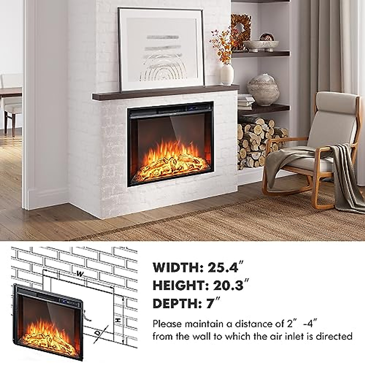 Tangkula 26 Inches Electric Fireplace Inserts with Remote Control, Recessed Fireplace with 3 Flame Effects, 6 Brightness, Thermostat, 6H Timer, 750W/1500W