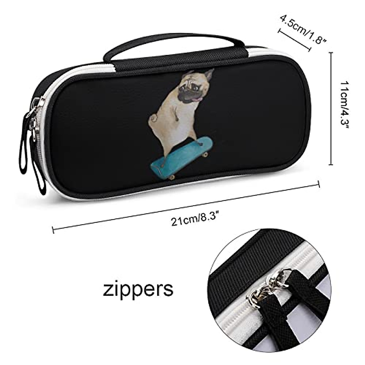 Skateboard Pug Dog PU Leather Pencil Pen Case Organizer Travel Makeup Handbag Portable Stationery Bag