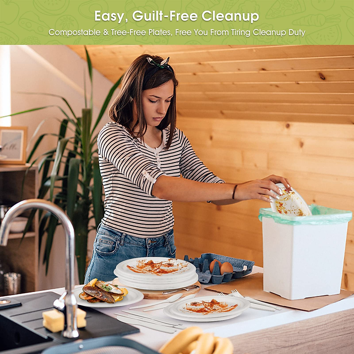 Fuyit 250Pcs Compostable Paper Plates with Cutlery Set, Disposable Biodegradable LONG Utensil Eco-Friendly Dinnerware Includes Plates, Fork, Knife & Spoon for Party, Camping, Picnic (White)