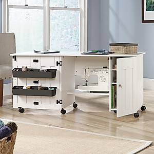 Sauder Folding SewingTable & Craft Cart Storage Cabinet, in Soft White