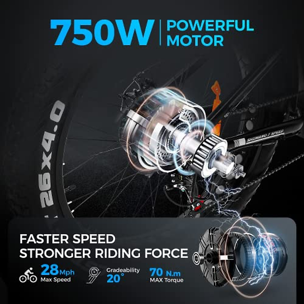 SAMEBIKE 750W Fat Tire Electric Bike 26'' Electric Mountain Bike 48V 15AH Battery with 3A Fast Charger, 28MPH Adult Electric Bicycles Suspension Fork, Shimano 7 Speed Shifting for Trail Riding