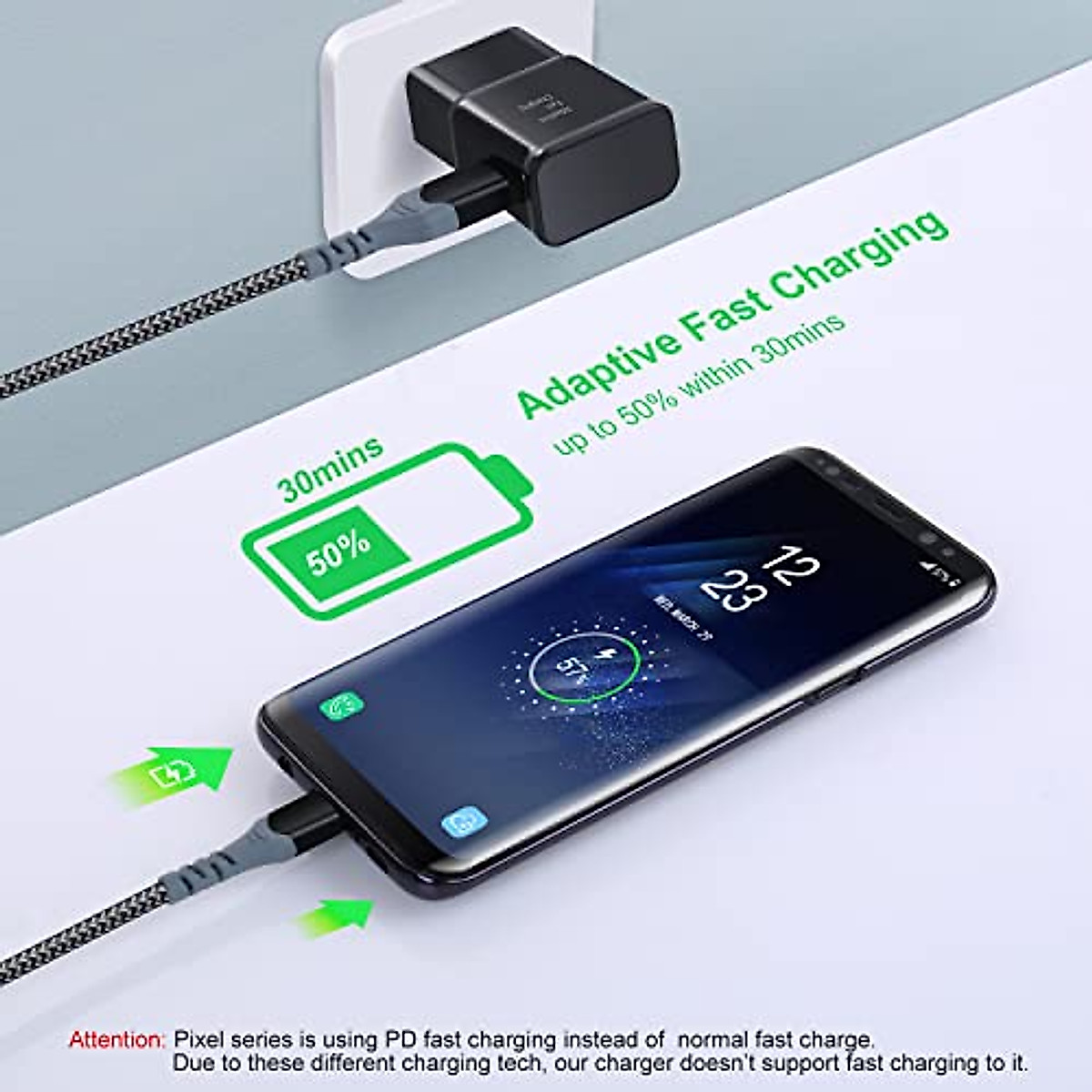 Adaptive Fast Charging Wall Charger with USB C Cable 10Ft, Excgood Fast Charger Power Adapter USB Type C Cable Fast Charging Compatible with Samsung Galaxy S23 S22 S21 S8 S9 S10 A13 A12 A03s-Black