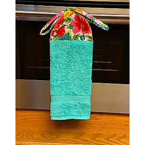 Red Pink Yellow Floral Flowers with Teal Turquoise Green Leaves on White Ties On Stays Put Kitchen Hanging Loop Hand Dish Towel She Who Sews