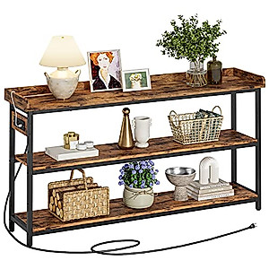 IRONCK Entryway Table, 55" Console Table with Power Outlet, TV Stand for Living Room, Height Adjustable, Easy Assembly, Rustic Brown