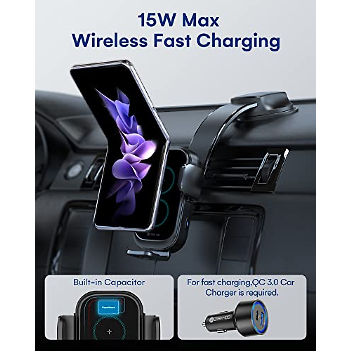 ZEEHOO DUOXX Wireless Car Charger,Dual Coils 15W Fast Charging Car Mount, Dashboard, Air Vent Wireless Phone Holder Auto-Clamping for iPhone 14 13 12 Pro Max,Samsung Z Flip 4 3 5G S23 Ultra,etc